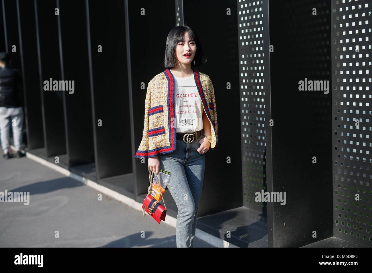 A chic showgoer attending the Gucci show during Milan Fashion Week ...