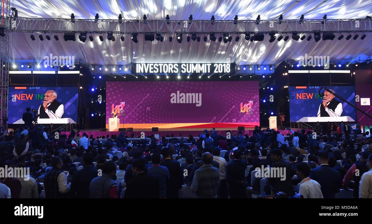 LUCKNOW, INDIA - FEBRUARY 21: Prime Minister Narendra Modi speaking at ...
