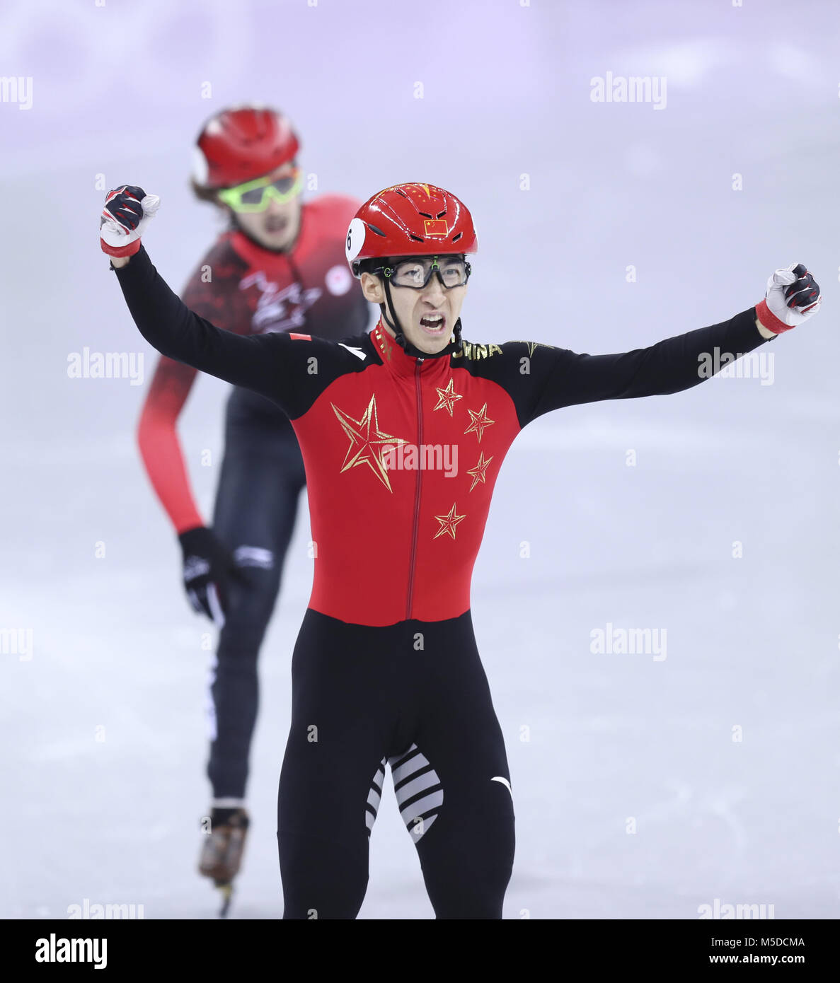 Pyeongchang, South Korea. 22nd Feb, 2018. Wu Dajing of China celebrates ...