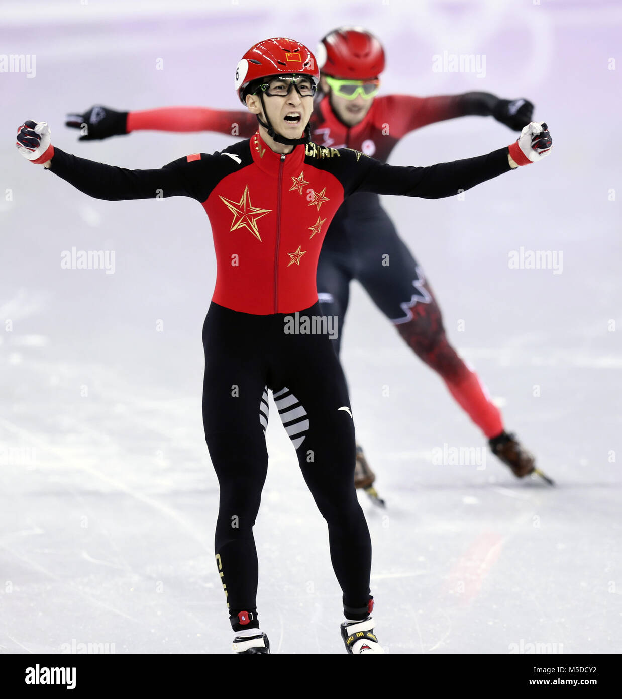 Pyeongchang, South Korea. 22nd Feb, 2018. Wu Dajing of China celebrates ...