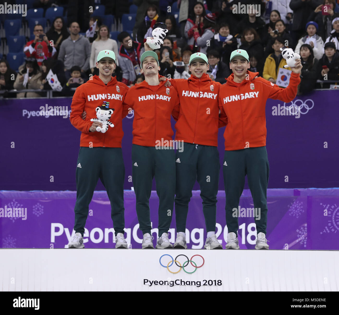 Pyeongchang, South Korea. 22nd Feb, 2018. Team Hungary celebrate during ...