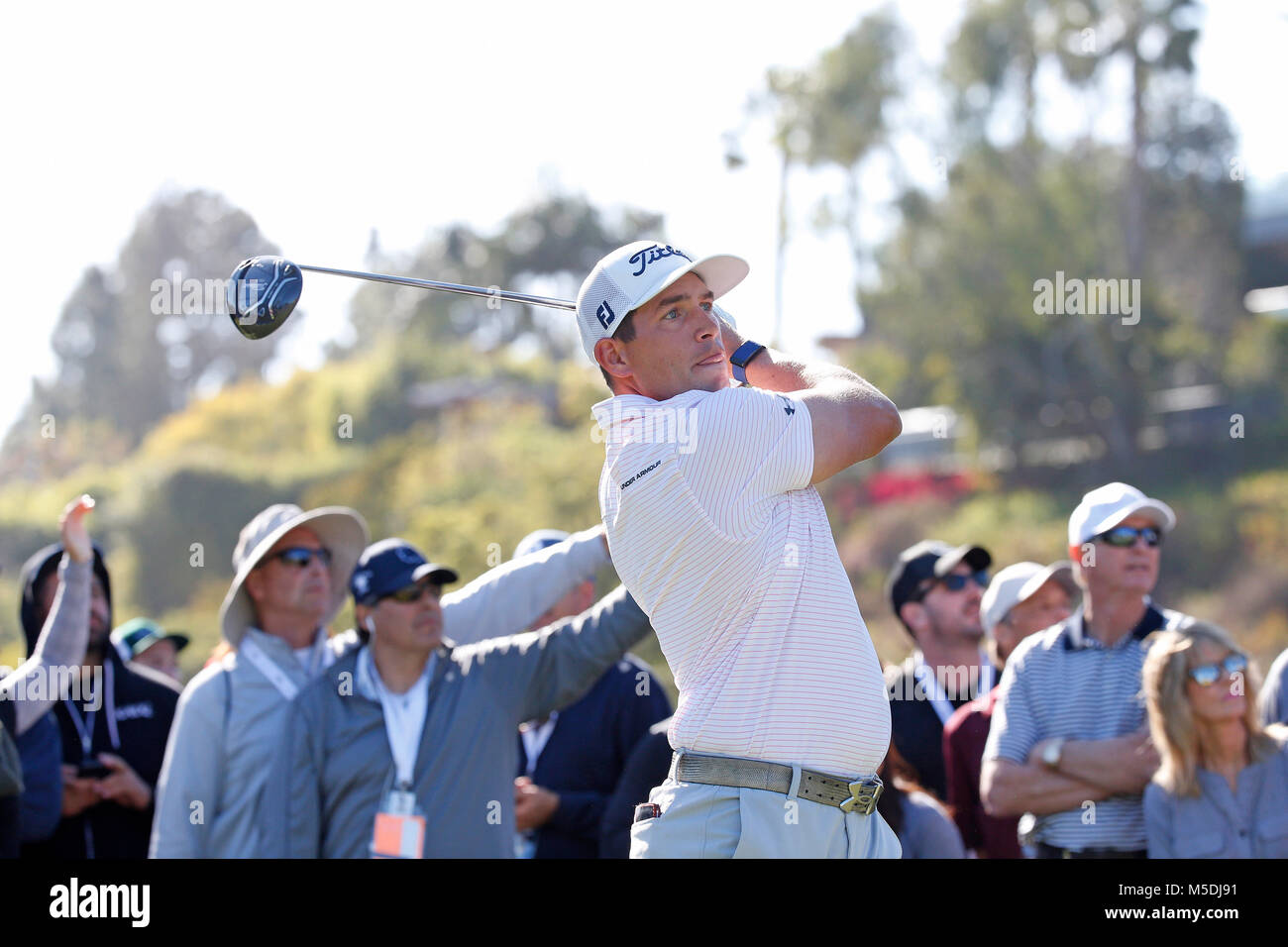 February 18, 2018 .Scott Stallings hits a tee shot on the 18th hole ...