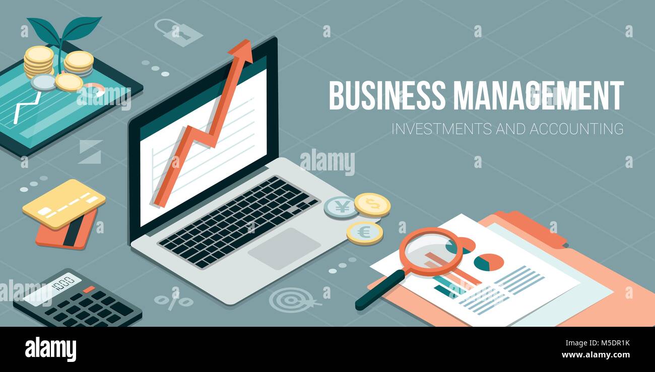 Growing financial graph on a laptop with arrow going up on a desktop ...