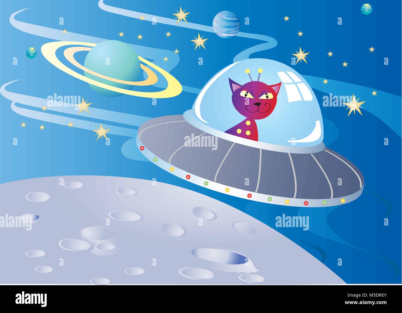 A cartoon cat flying in a flying saucer in outer space Stock Vector ...