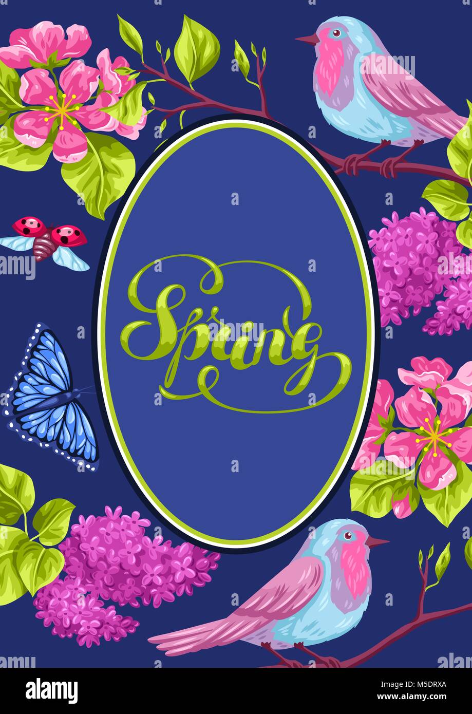 Spring garden frame. Natural illustration with blossom flower, robin ...