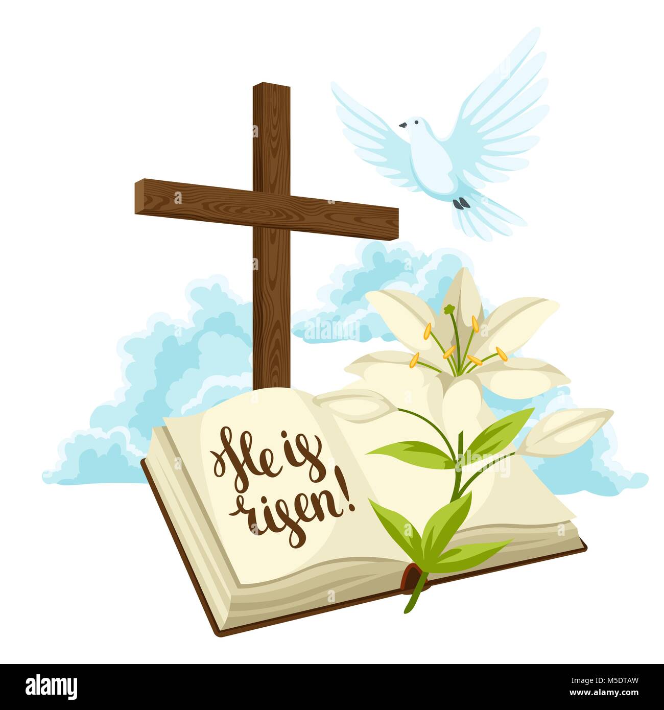 Wooden cross with bible, lily and dove. Happy Easter concept ...