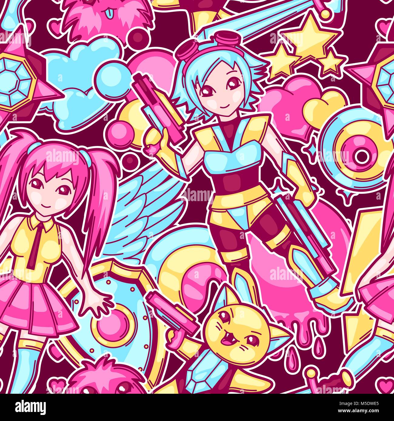 Japanese anime cosplay seamless pattern. Cute kawaii characters and ...