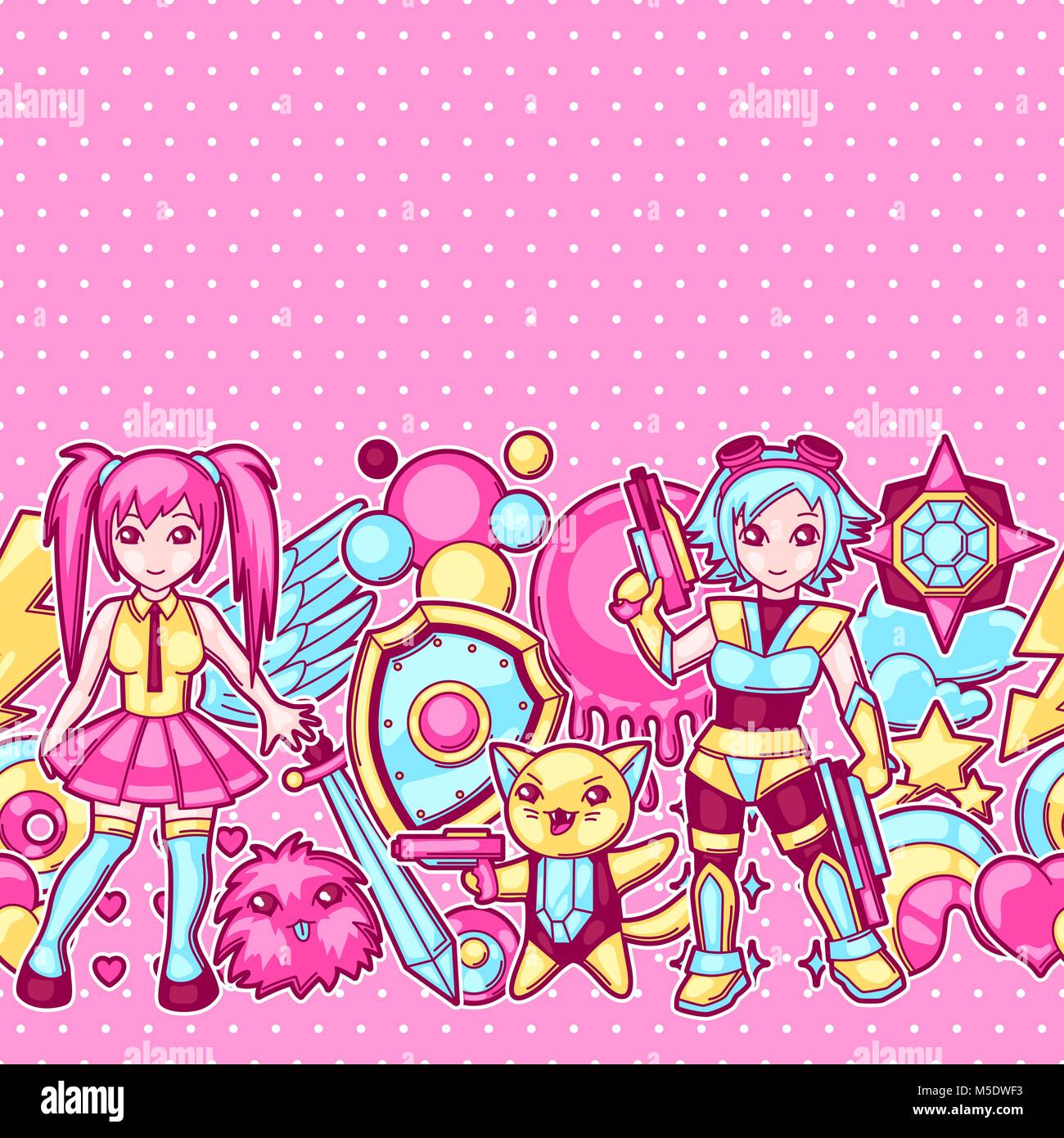 Japanese anime cosplay seamless pattern. Cute kawaii characters and ...