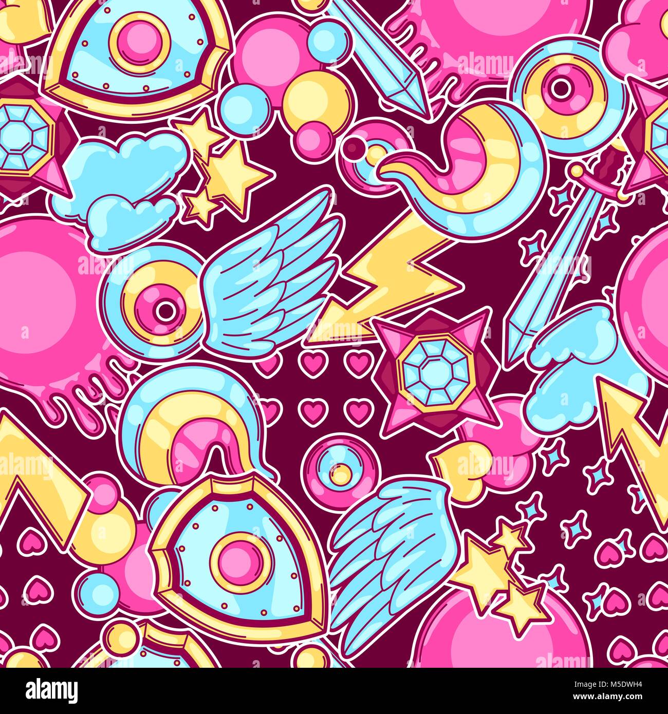 Seamless pattern with cartoon fantasy objects. Fashion symbols in comic ...