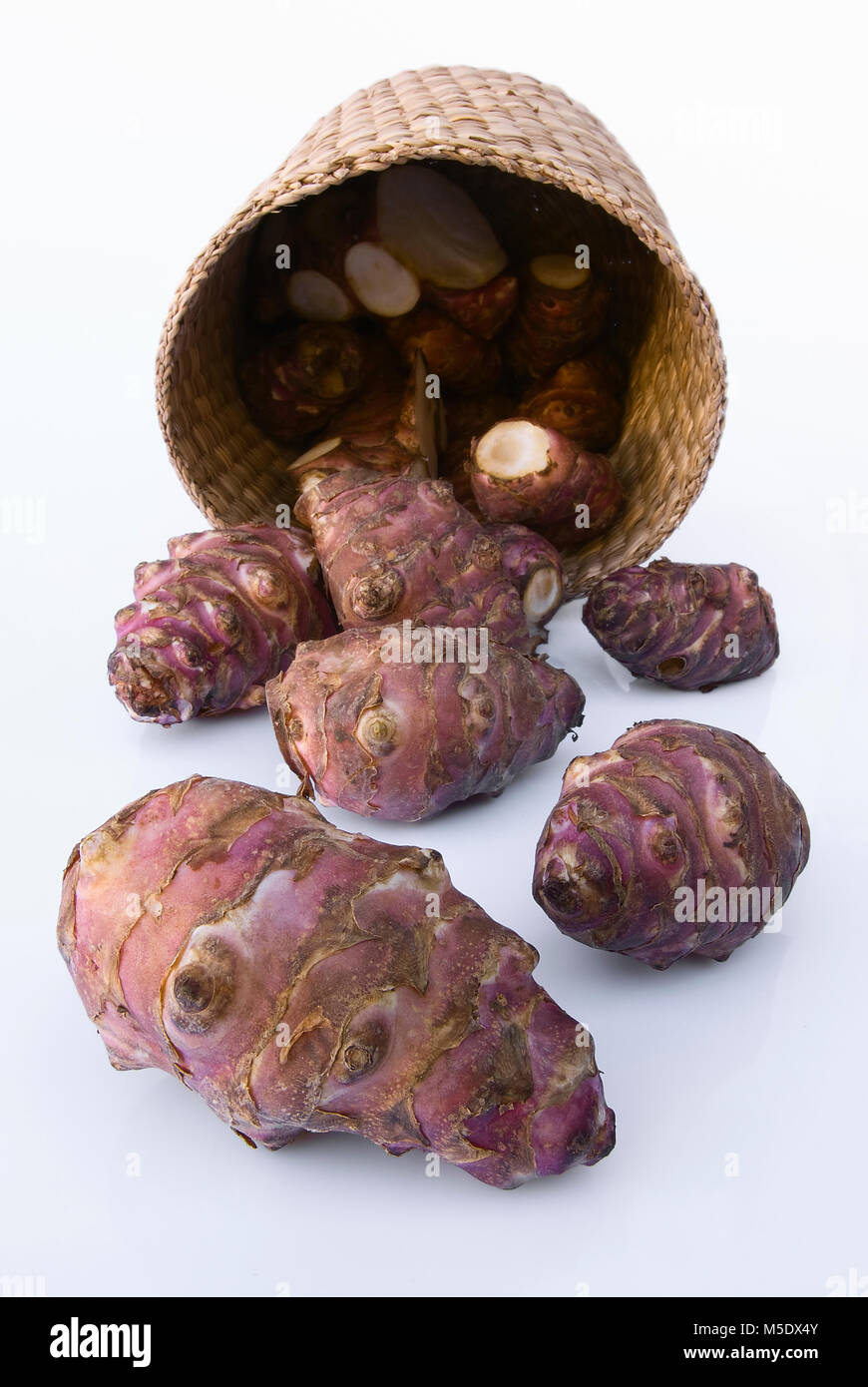 Topinambur root with basket isolated on white background. Also known as ...
