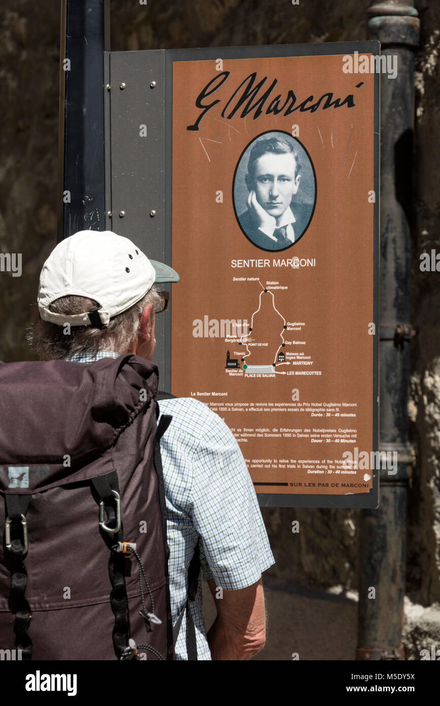 Sign, signs, commemorative table, Marconi Stock Photo - Alamy
