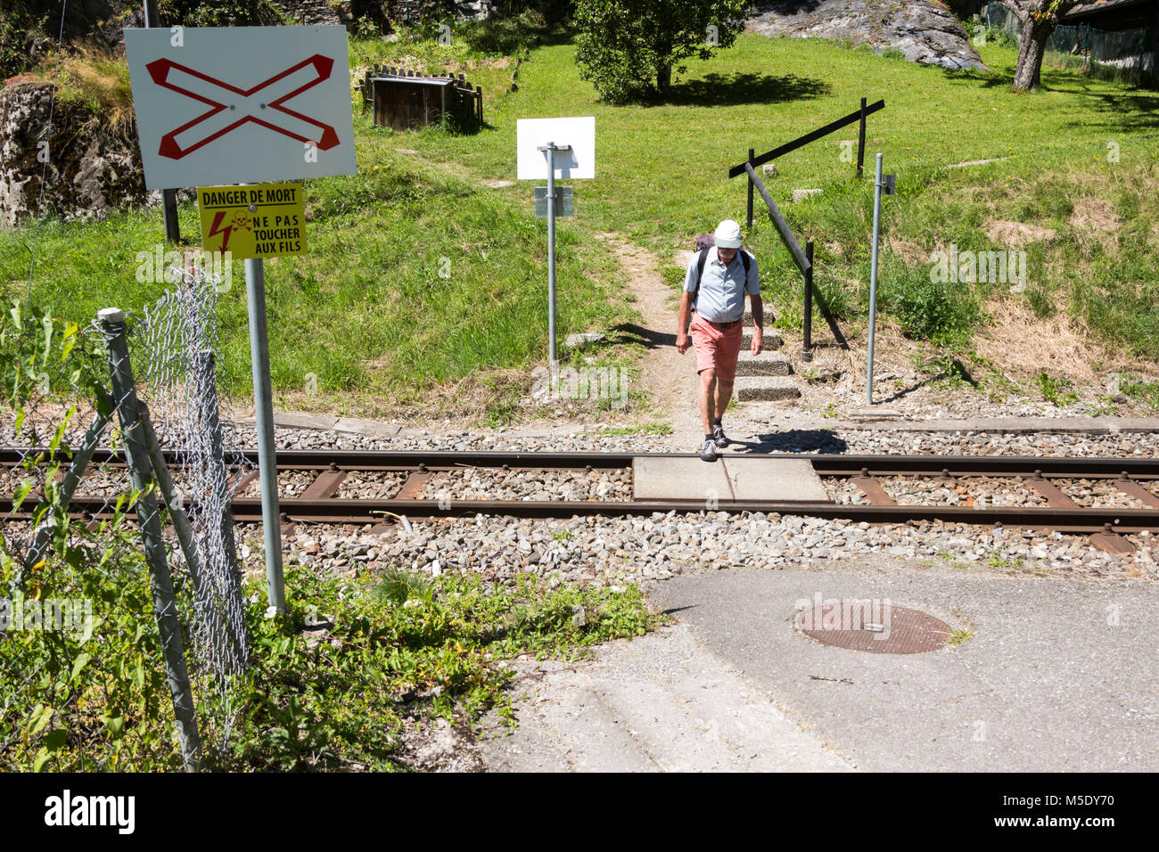Level crossing, rail, footpath, Hiking, rails, sign, gravel Stock Photo ...