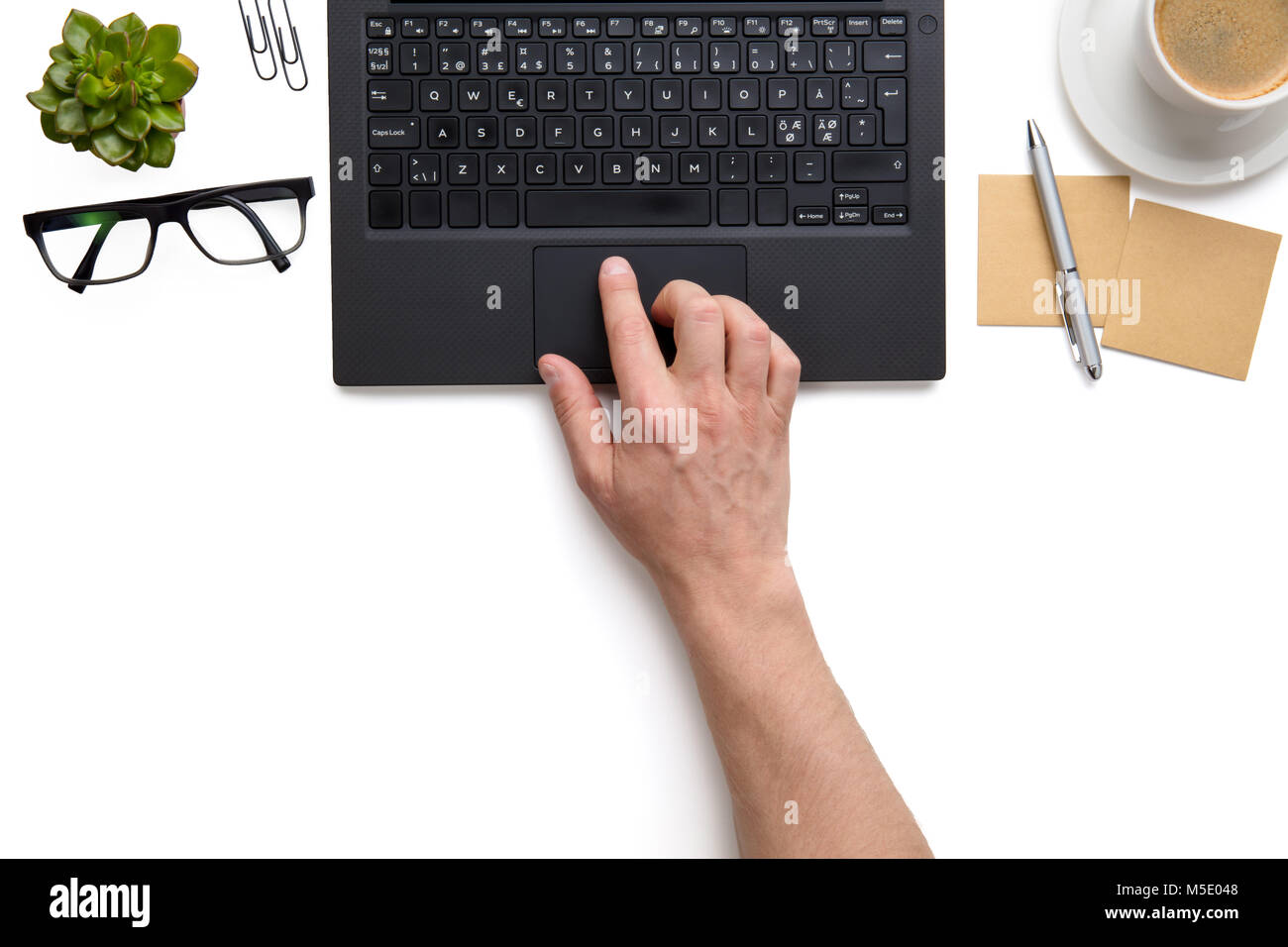 Businessman Touching Touchpad On Laptop On White Isolated Background ...