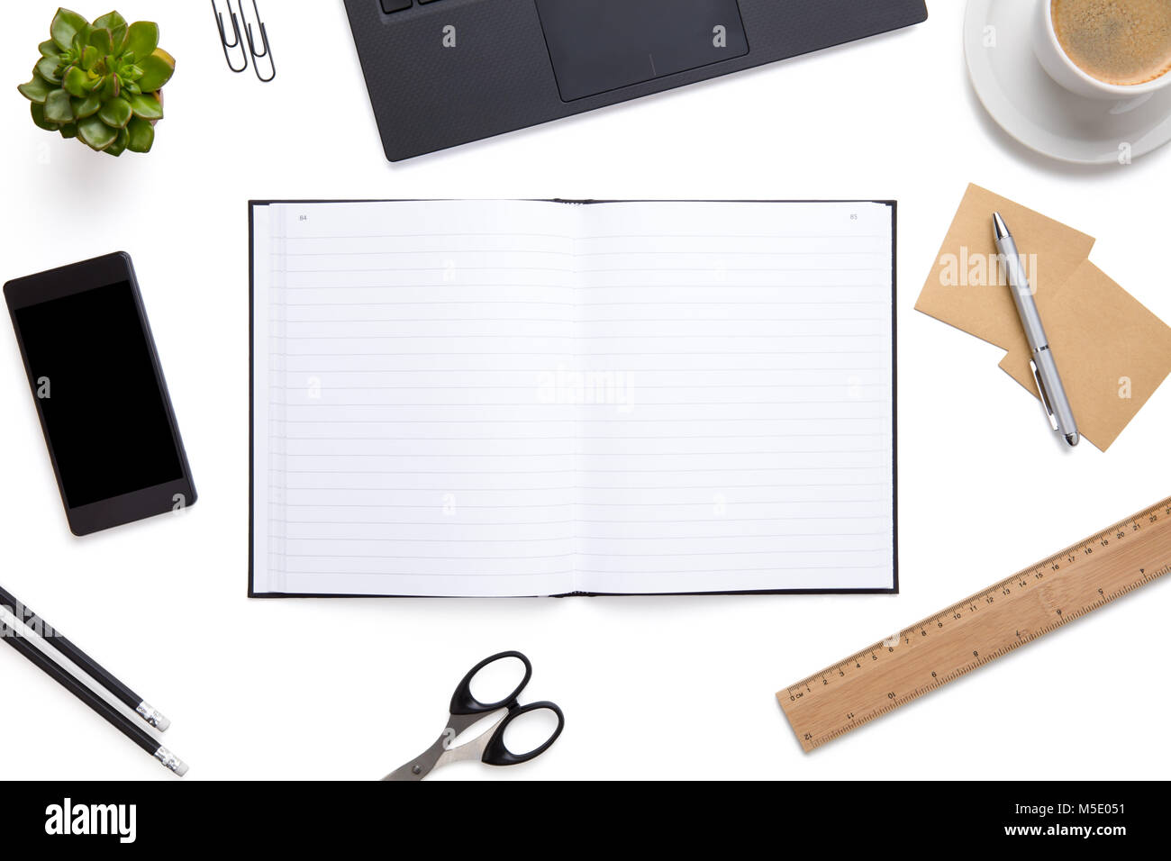 Open Diary Surrounded With Office Supplies On Isolated White Background ...