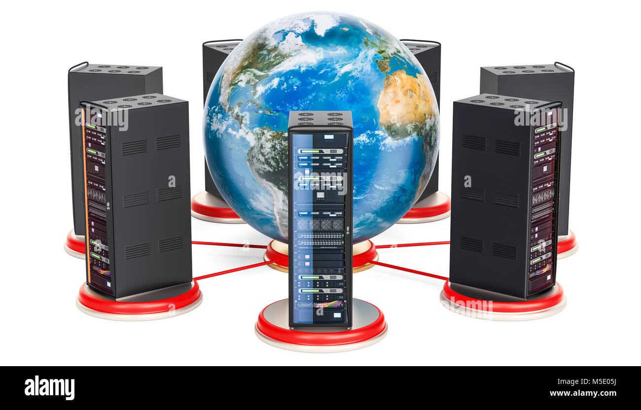 Computer Server Racks around the Earth Globe. 3D rendering isolated on ...