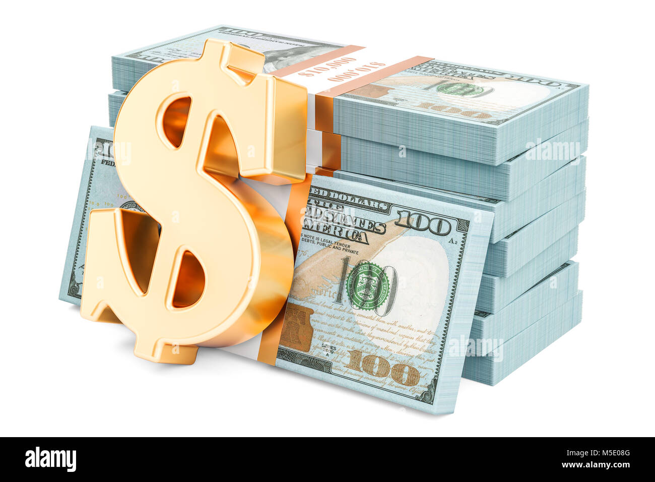 Dollar packs with golden dollar symbol, 3D rendering isolated on white ...