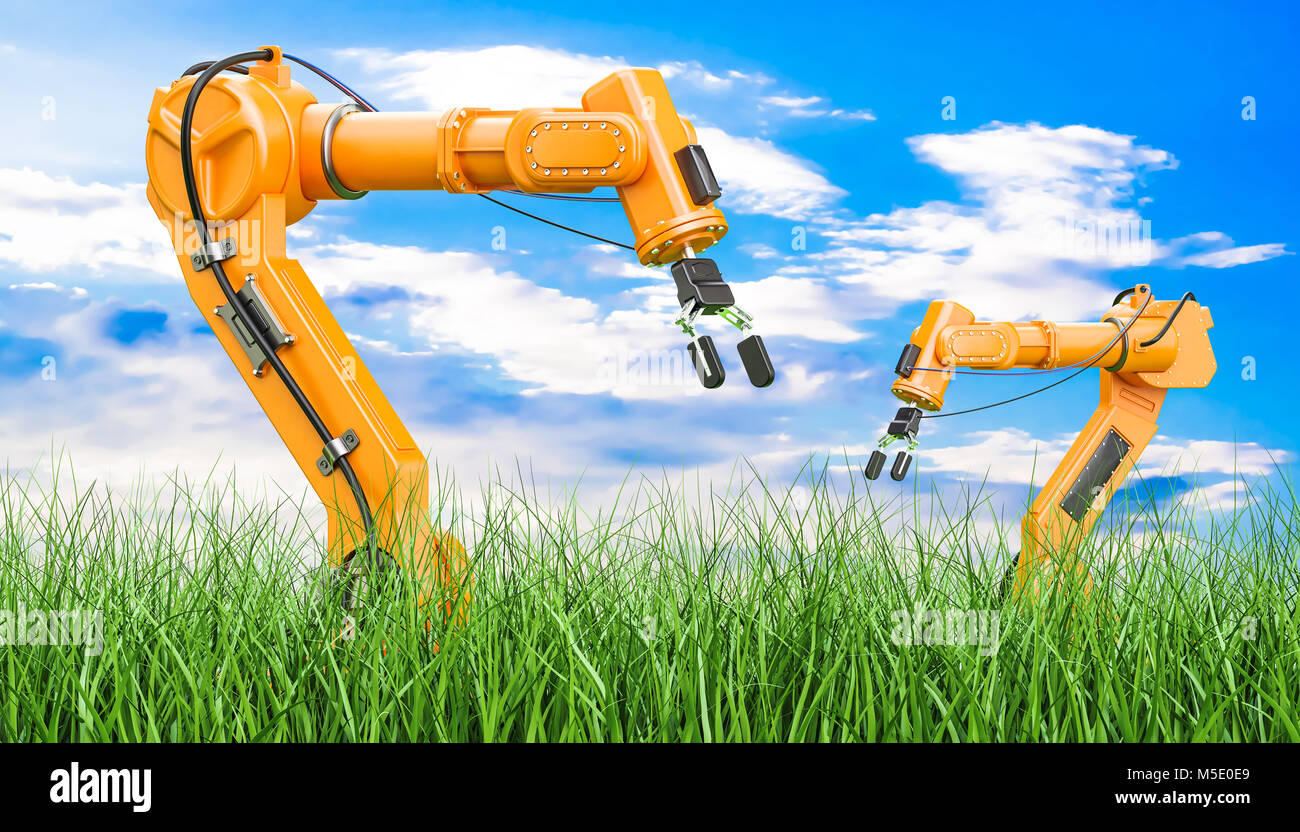 Robotic arms in green grass against blue sky, 3d rendering Stock Photo ...