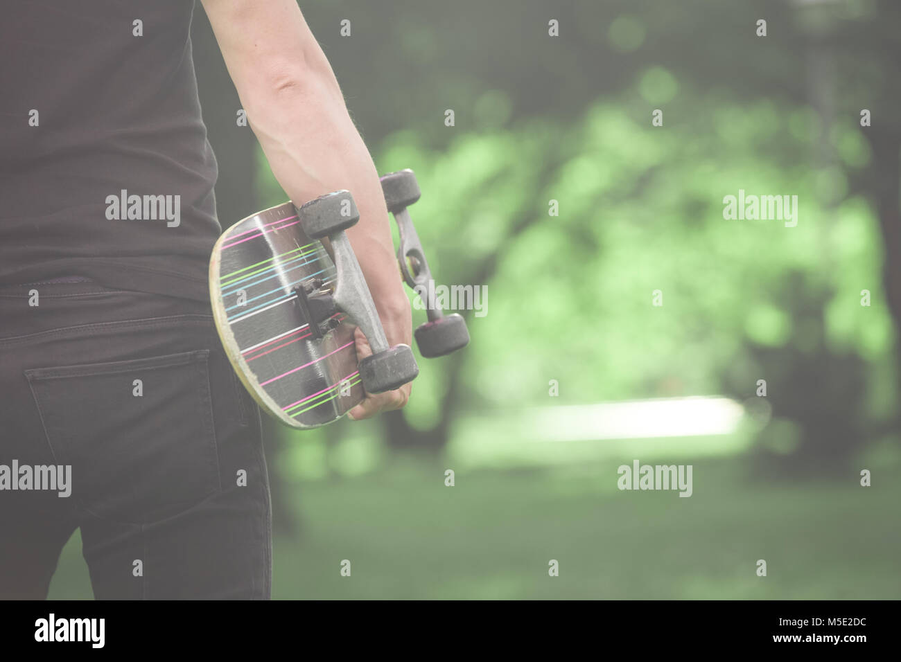 Rear view close up of skater hand holding skateboard in nature Stock ...