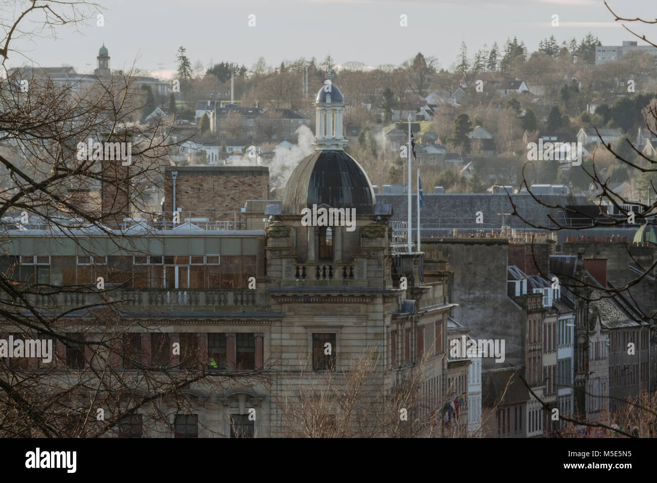 Perth city centre skyline in late afternoon winter sunshine, Scotland ...