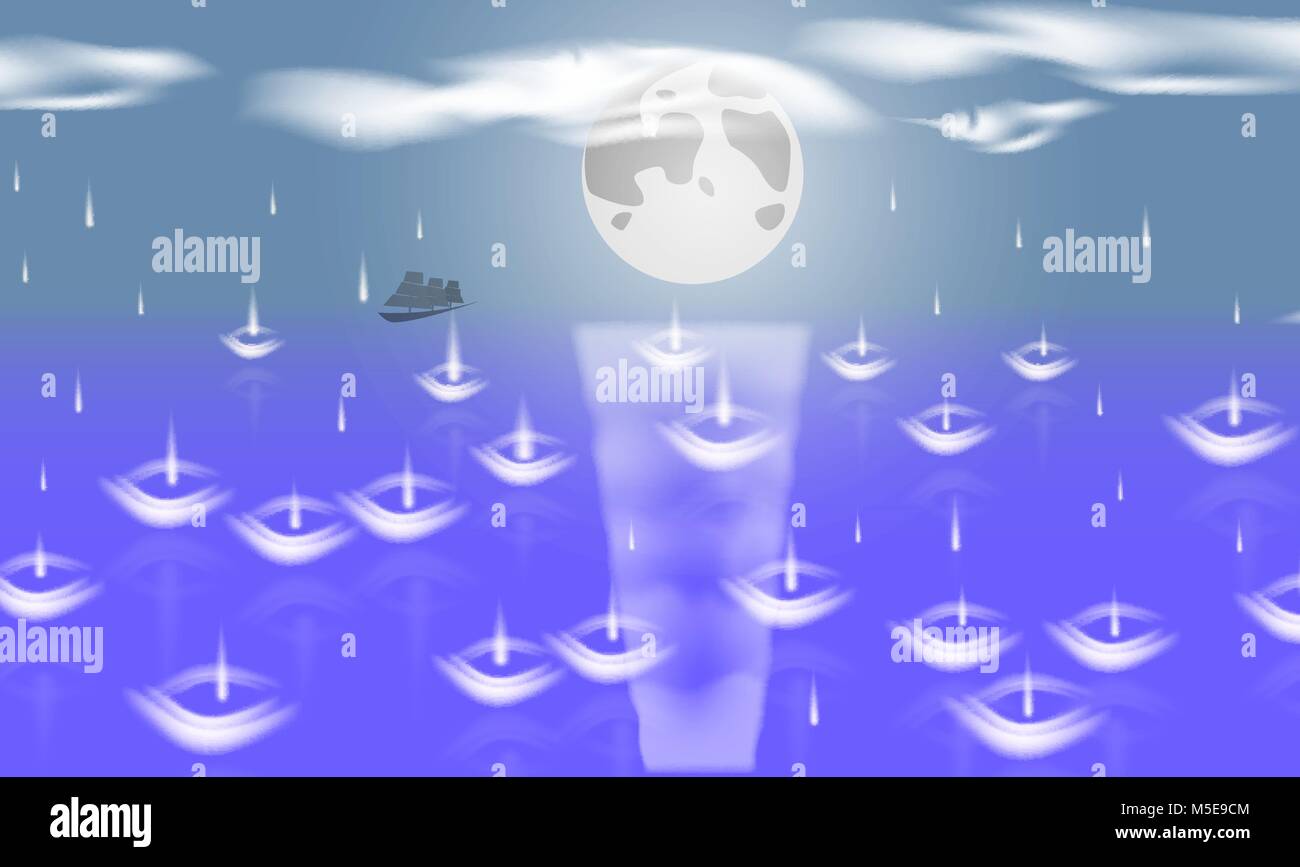 The moon hides over the horizon of the blue ocean during the rain. The ...