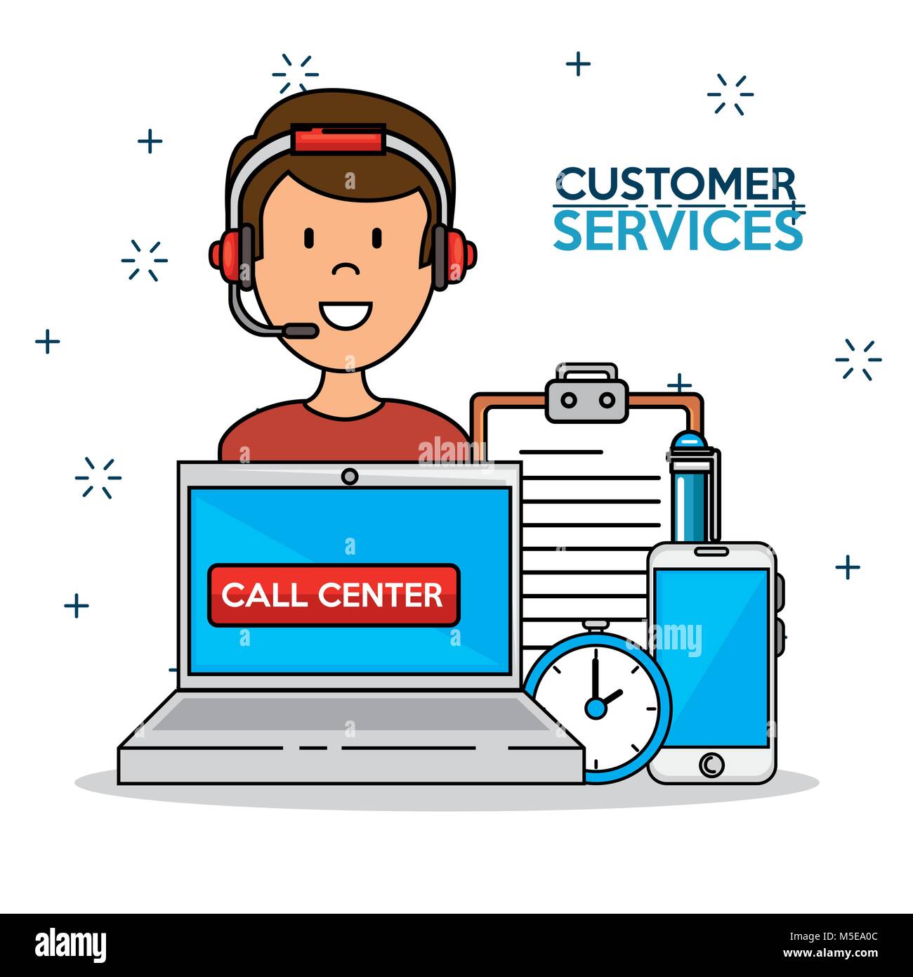 Man icon with laptop smartphone time support center service Stock ...