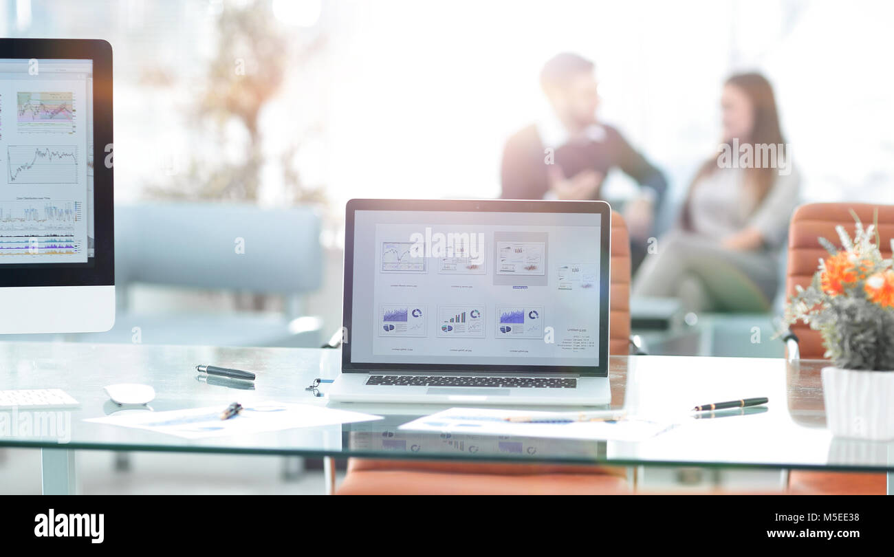 monitors on the desktop in a modern office.business background Stock ...