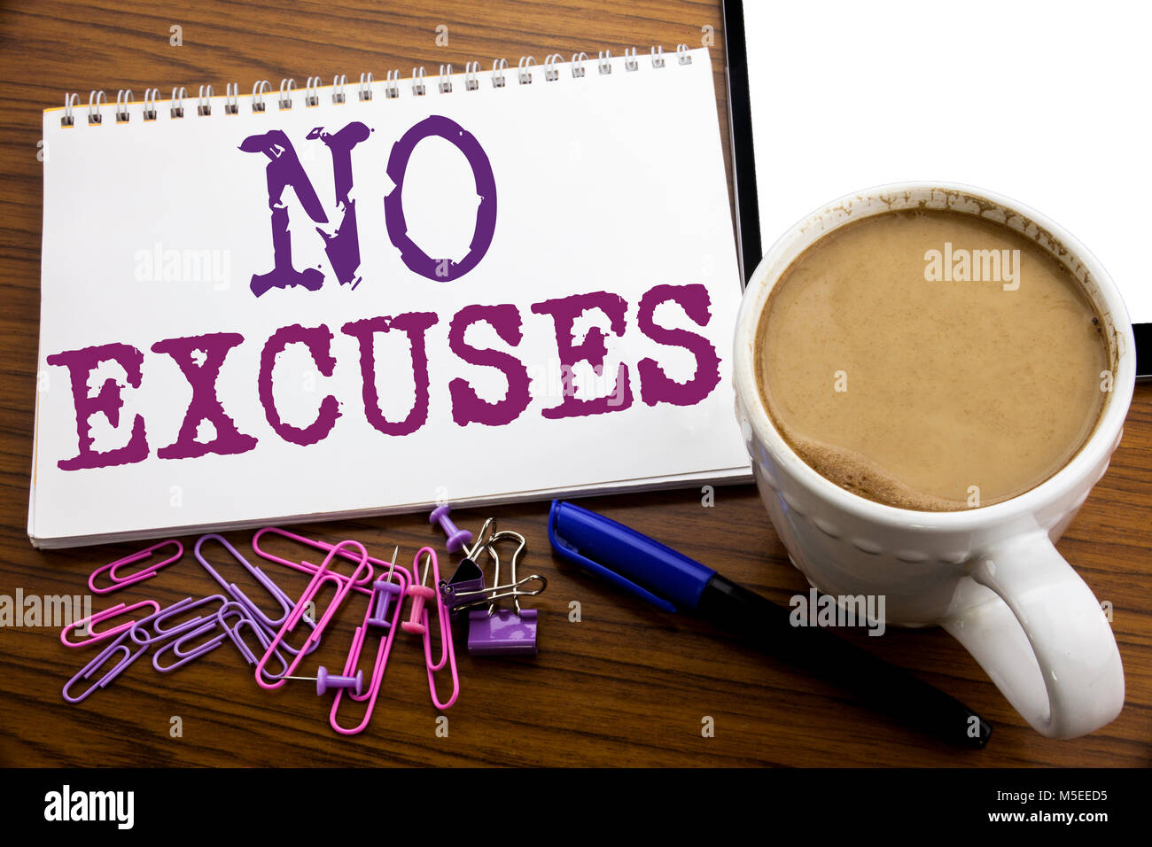 Hand writing text caption inspiration showing No Excuses. Business ...