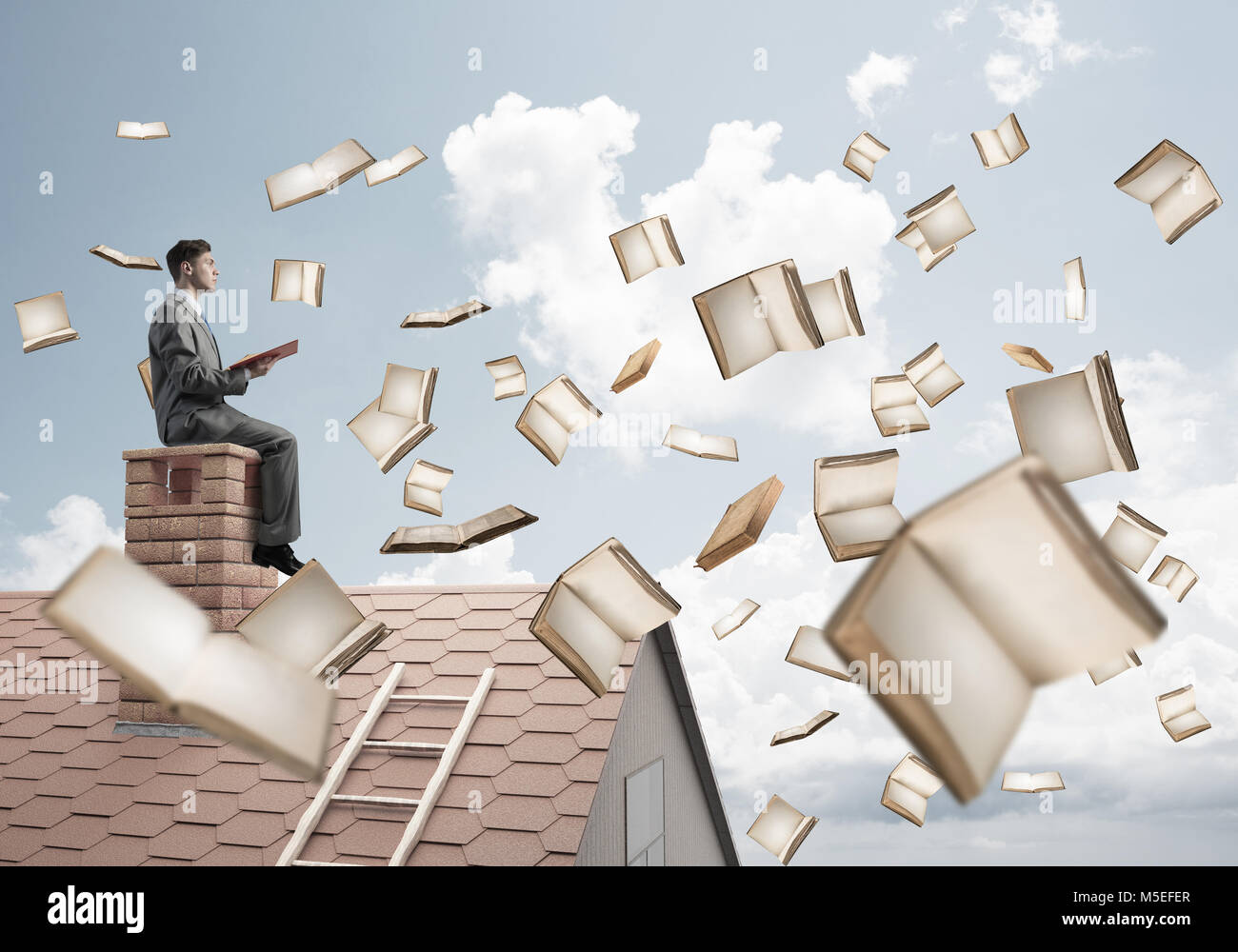 Man reading book and many of them flying in air Stock Photo - Alamy
