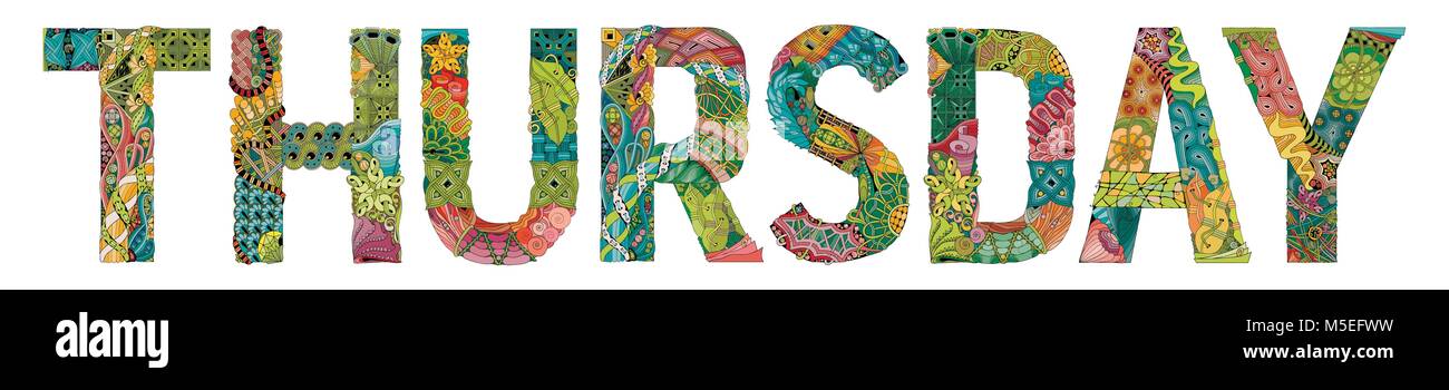Hand-painted art design. Hand drawn illustration word THURSDAY for t ...