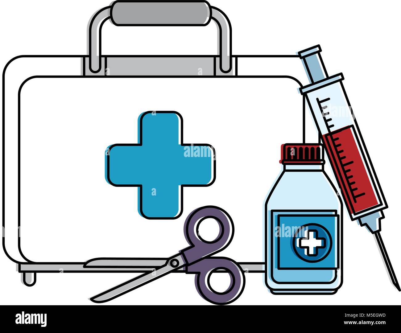 medical kit with scissors and bottle vector illustration design Stock ...
