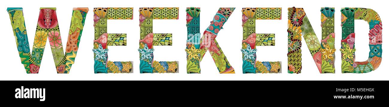 Hand-painted art design. Hand drawn illustration word weekend for t ...