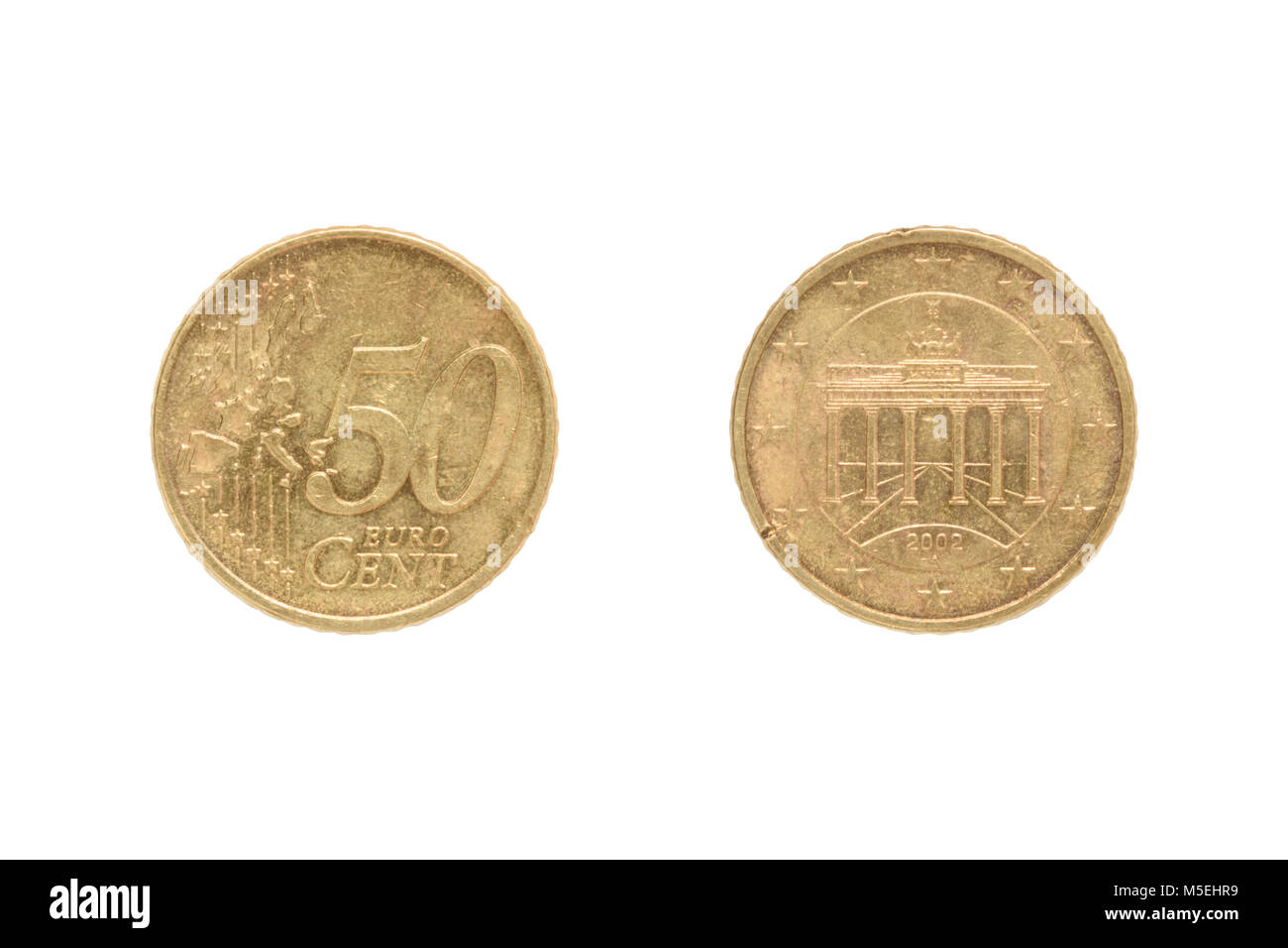 Fifty Euro cent coin isolated on white background. On the reverse of ...