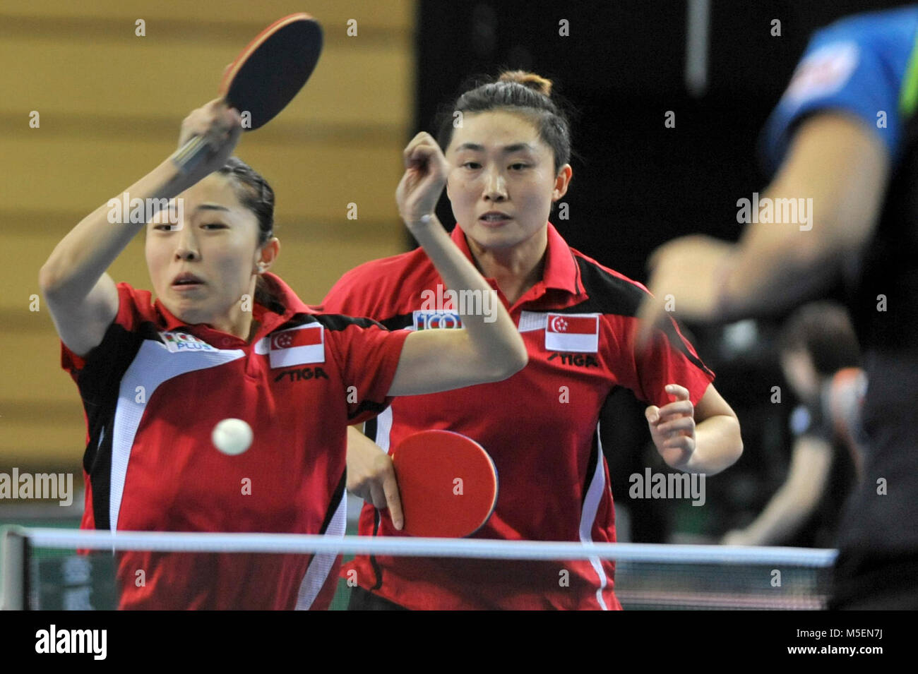 London, UK. 22 February 2018. Yu Mengyu (SGP) returns a serve during ...