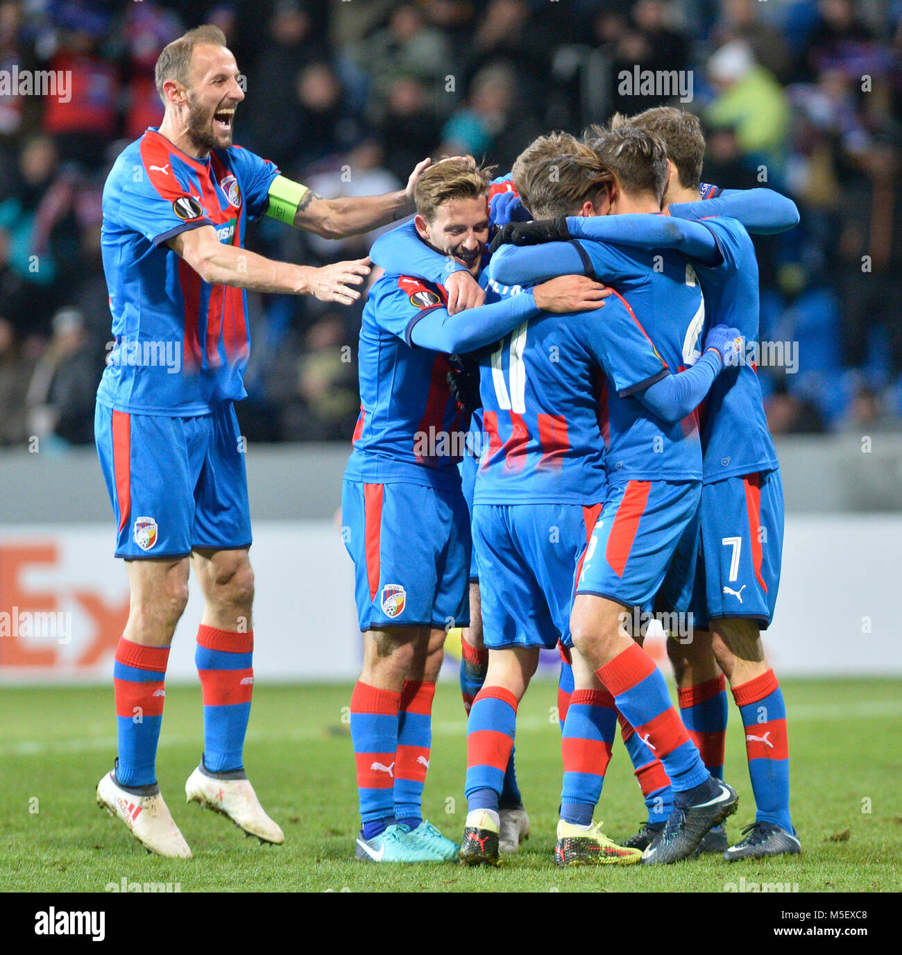 Soccer players of Viktoria Plzen celebrate a victory during the Europa ...