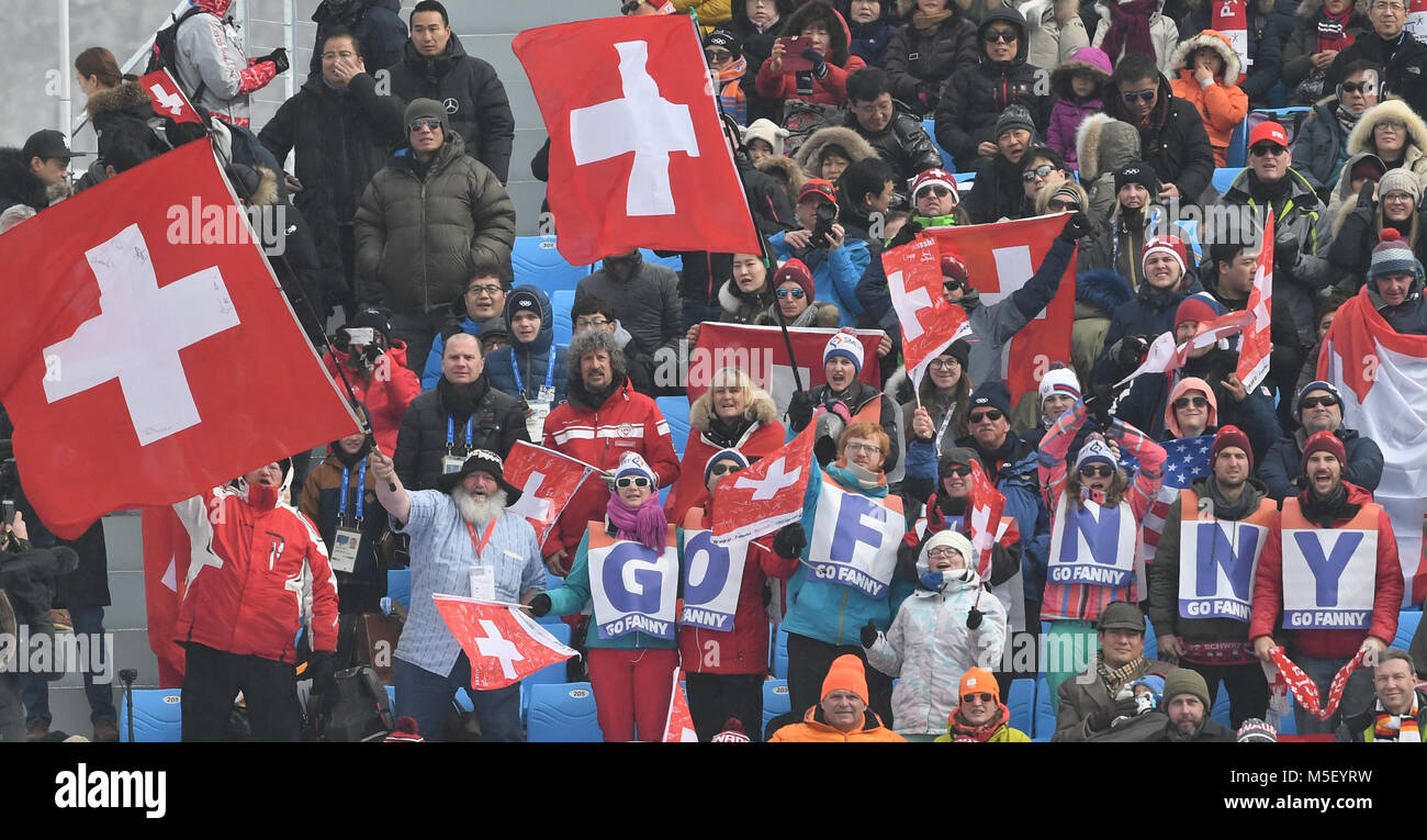 Pyeongchang, South Korea. 23rd Feb, 2018. Swiss fans cheer at the women ...