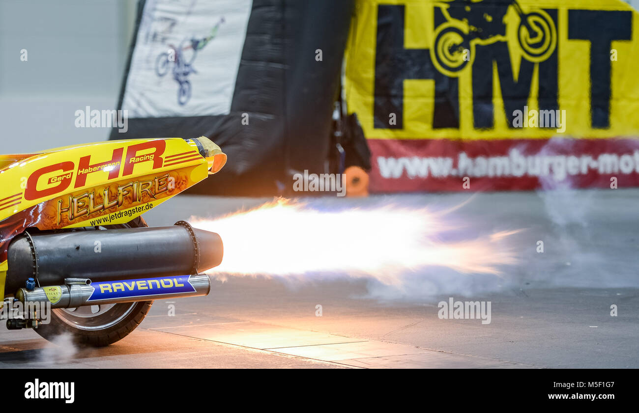 Hamburg, Germany. 22 February 2018, Dragster pilot Gerd Habermann ...