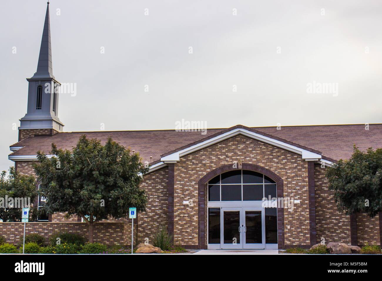 Entrance To Modern Church With Steeple Stock Photo - Alamy