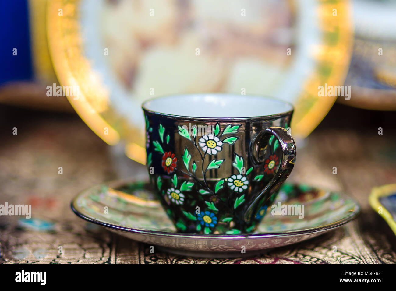Black Vintage Thai's style porcelain teacup, coffee cup handmade. Set ...