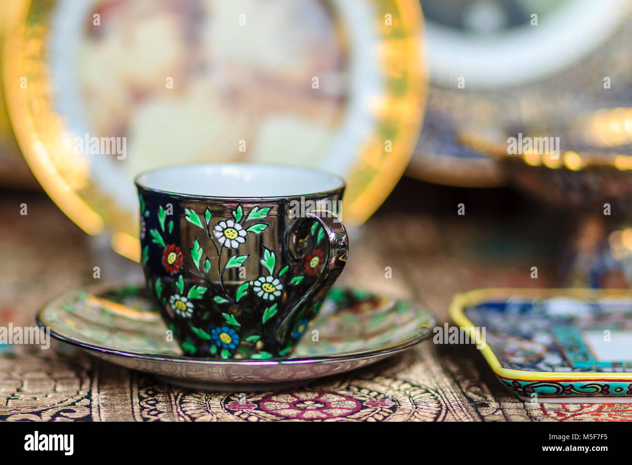 Black Vintage Thai's style porcelain teacup, coffee cup handmade. Set ...