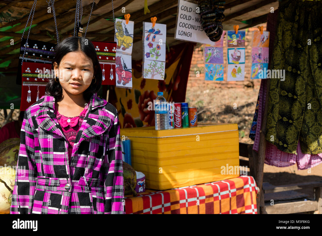 Bagan, Myanmar, December 27, 2017: young girl sells items in a shop in ...