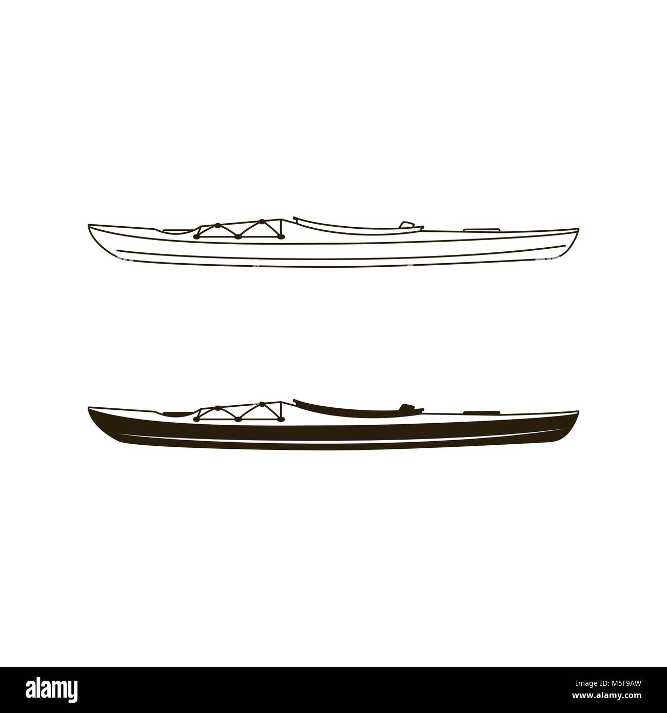 Kayak canoe icons in flat filled and line art style. Linear and ...