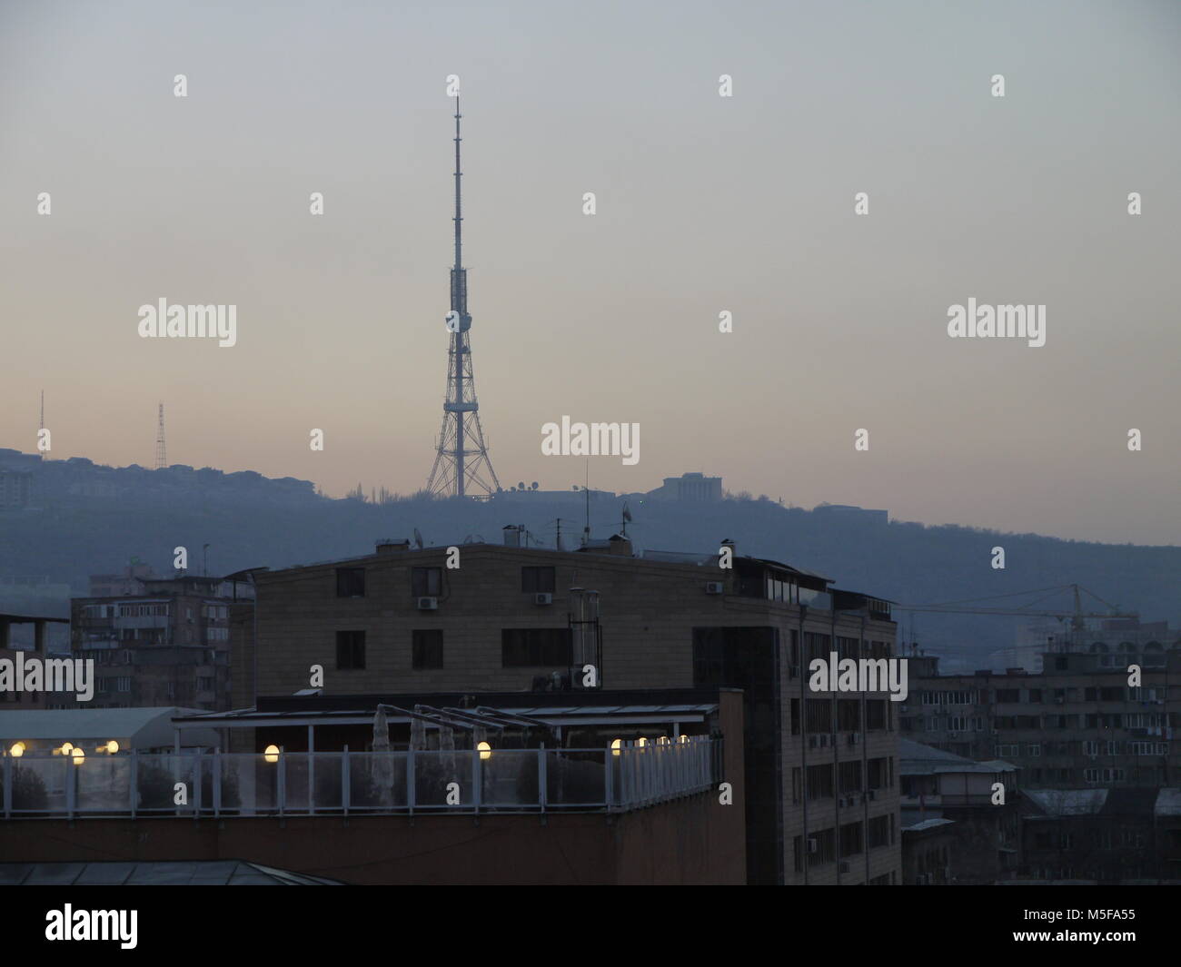 Tower of telecomunication on the hills round Yerevan city, Armenia, at ...