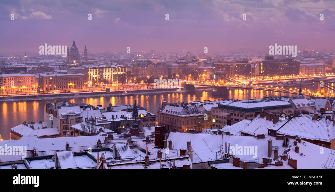 Budapest city in snow, Danube river, St. Stephen's Basilica Stock Photo ...