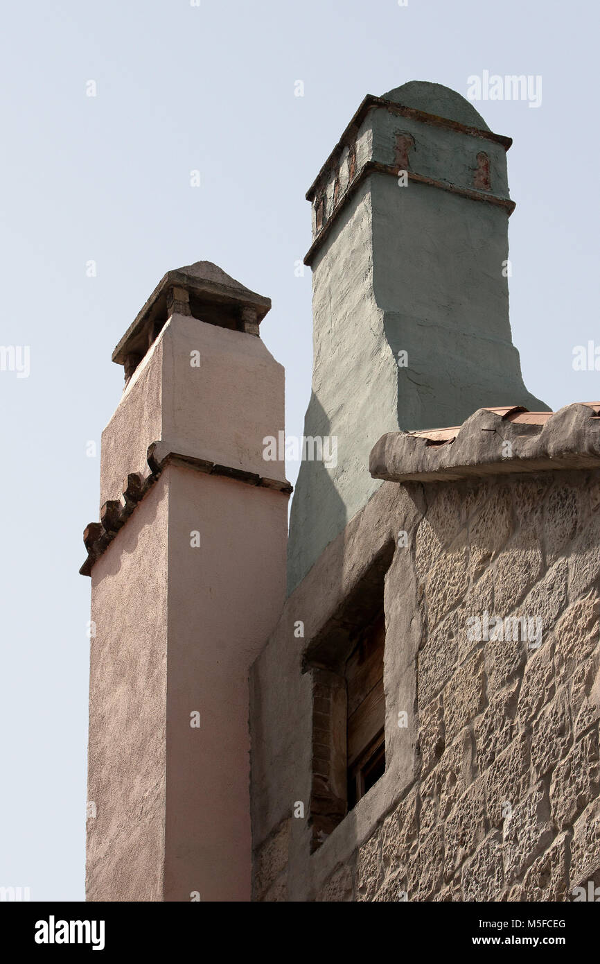 Pink and green chimneys on old house in Trogir, town in Croatia Stock ...