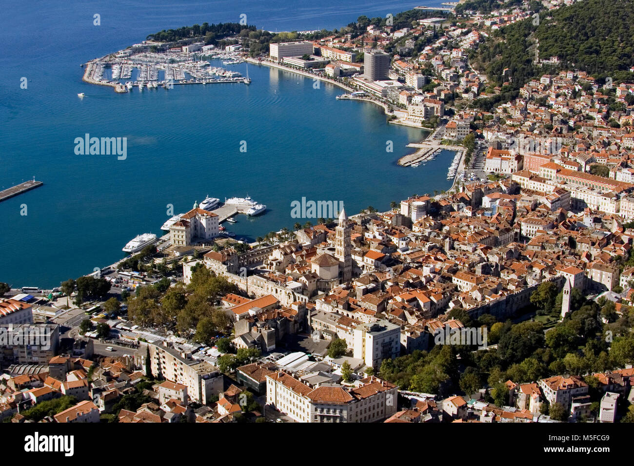 Aerial view, Split city center, old town with Diocletian palace, port ...