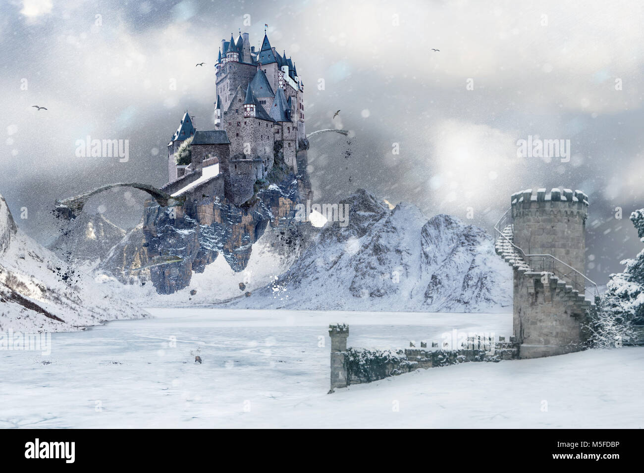 A flying Castle in the mystical mountainous landscape of Icy Wasteland ...