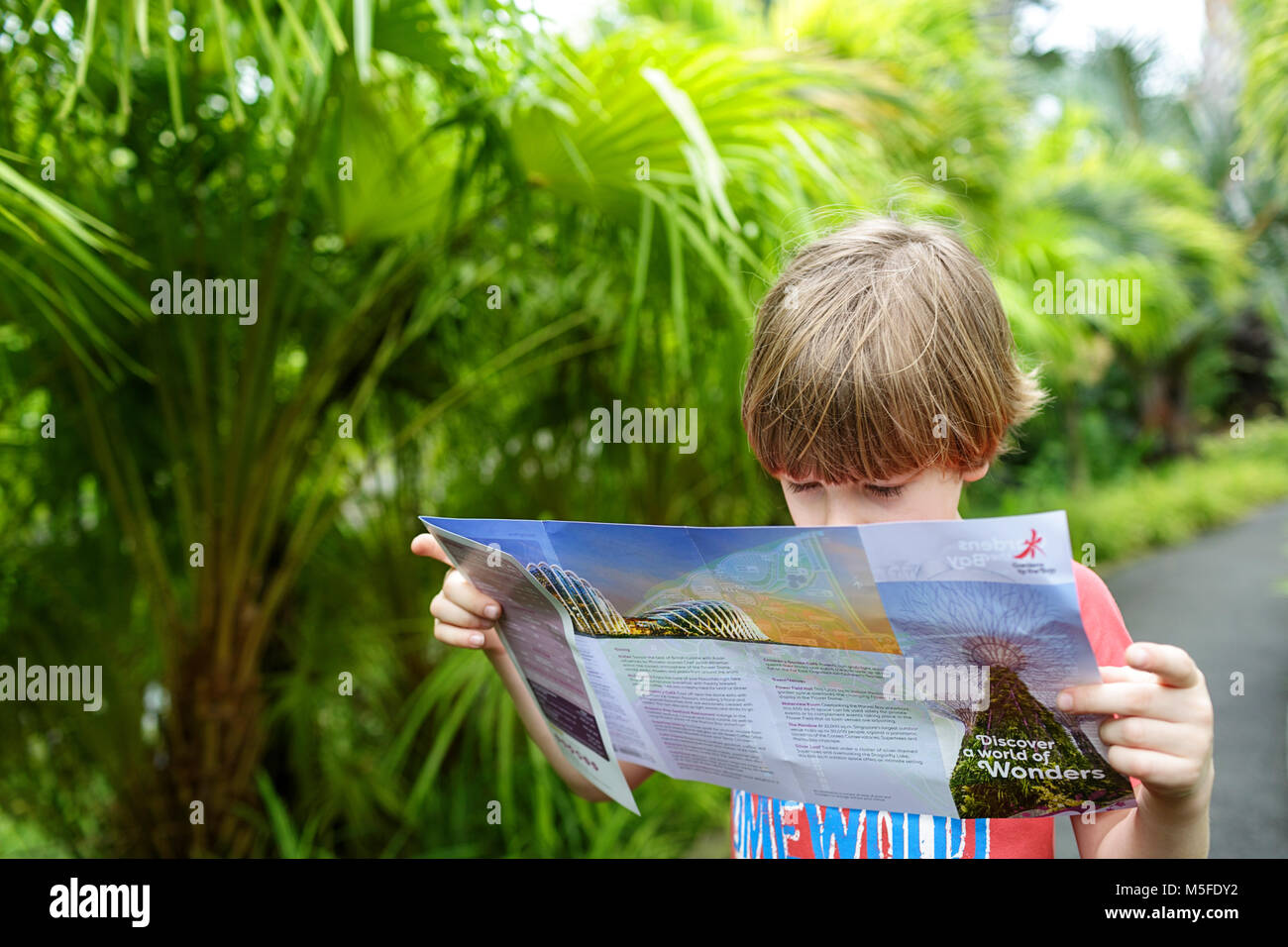 Young blonde western boy reading the map in Gardens by the Bay ...