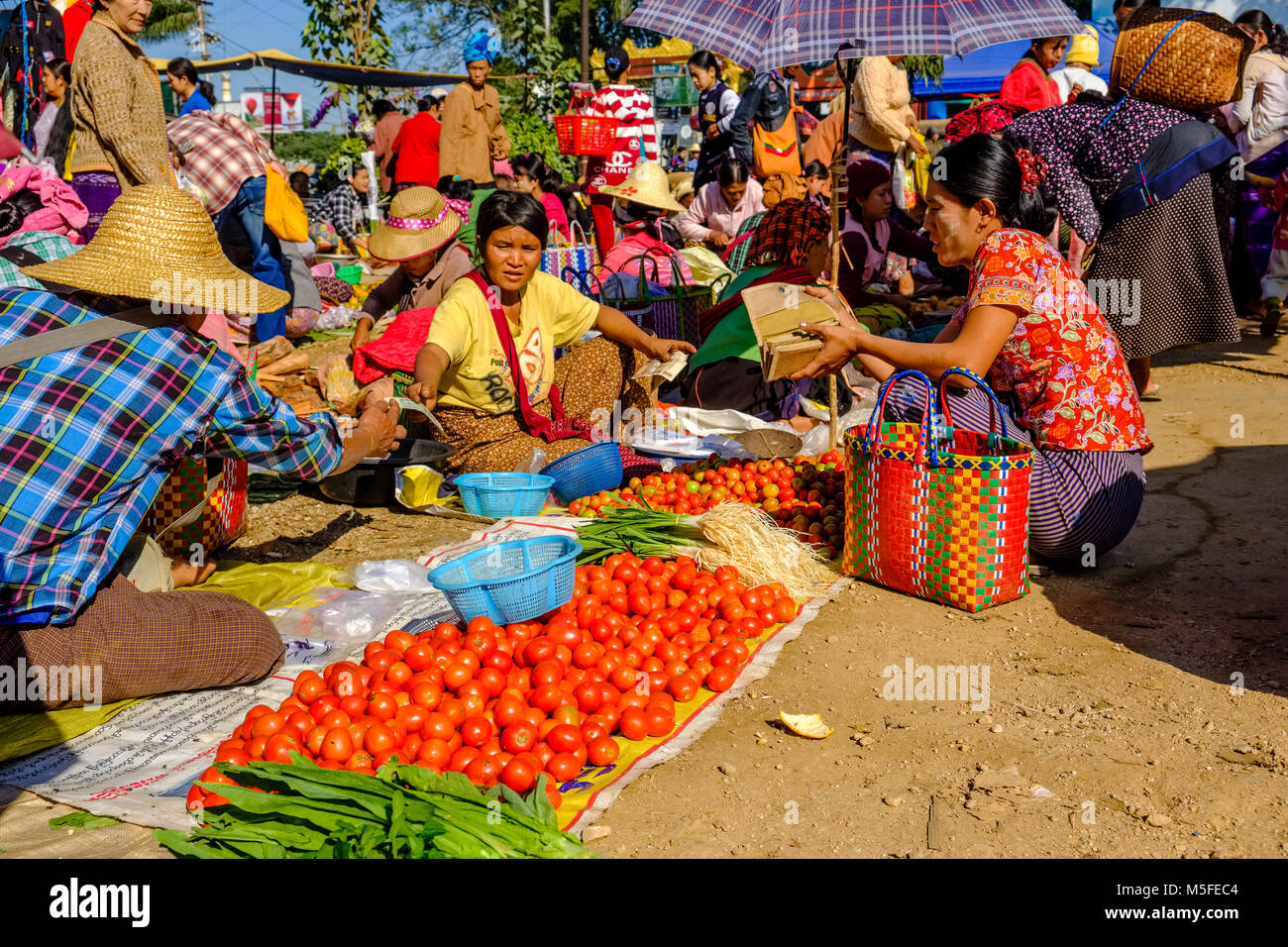 A local farmers woman is selling tomatoes in the street market of town ...