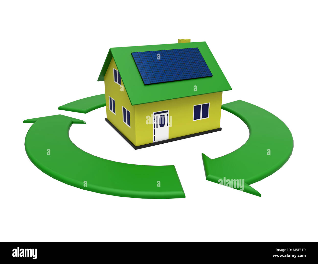 Energy efficient house with solar panel in a green circle, 3d rendering ...