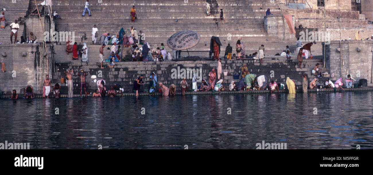 Bathing and washing on the River Ganges at Varanasi, India, 1982 Stock ...